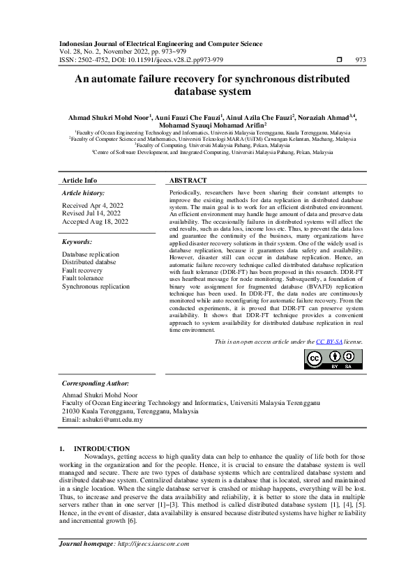 (PDF) An automate failure recovery for synchronous distributed database system