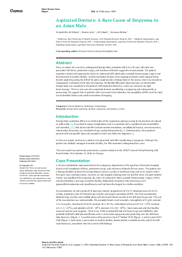 (PDF) Aspirated Denture: A Rare Cause of Empyema in an Asian Male
