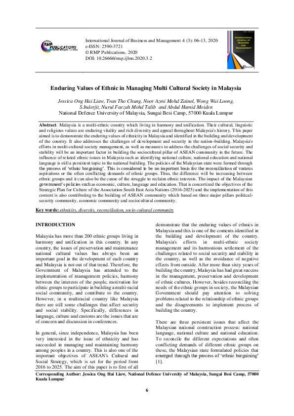 (PDF) Enduring Values of Ethnic in Managing Multi Cultural Society in Malaysia