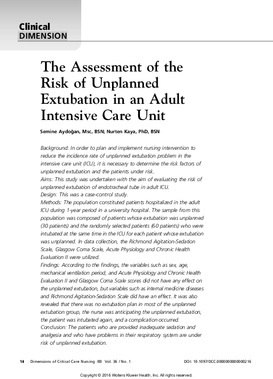 (PDF) The Assessment of the Risk of Unplanned Extubation in an Adult Intensive Care Unit