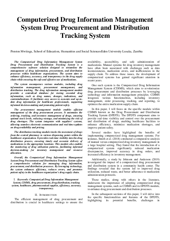 (PDF) Computerized Drug Information Management System Drug Procurement and Distribution Tracking ...