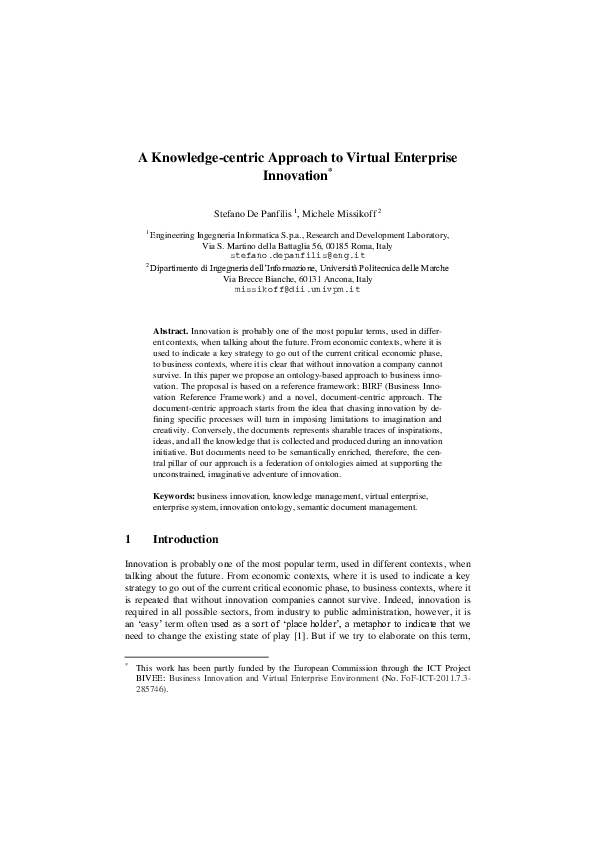 (PDF) A Knowledge-centric Approach to Virtual Enterprise Innovation