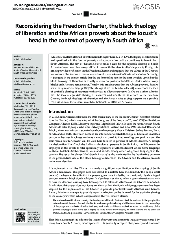 (PDF) Reconsidering the Freedom Charter, the black theology of ...