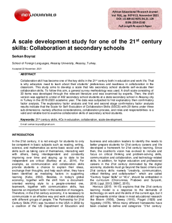 (PDF) A scale development study for one of the 21st century skills: Collaboration at secondary ...