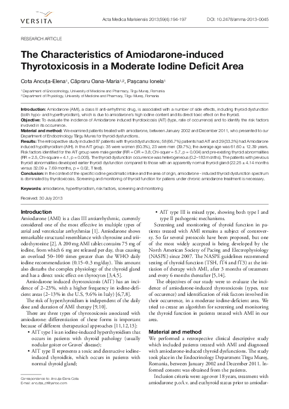 (PDF) The Characteristics of Amiodarone-induced Thyrotoxicosis in a ...