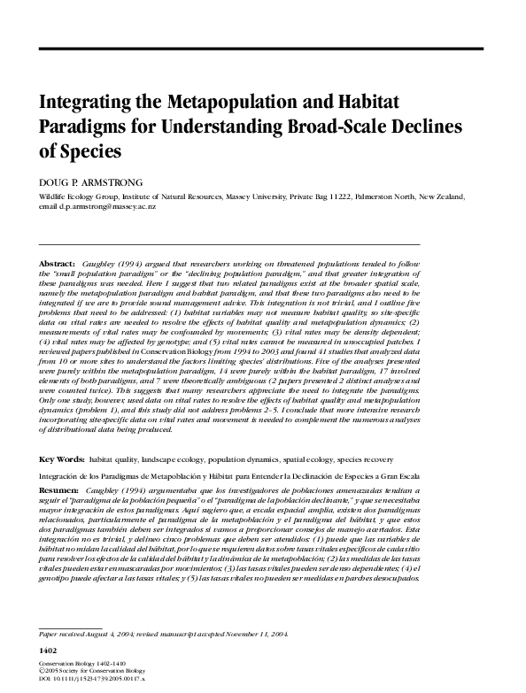 (PDF) Integrating the Metapopulation and Habitat Paradigms for Understanding Broad-Scale ...