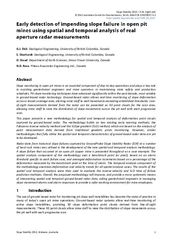 (PDF) Early detection of impending slope failure in open pit mines ... (PDF) Early detection of impending slope failure in open pit mines ...