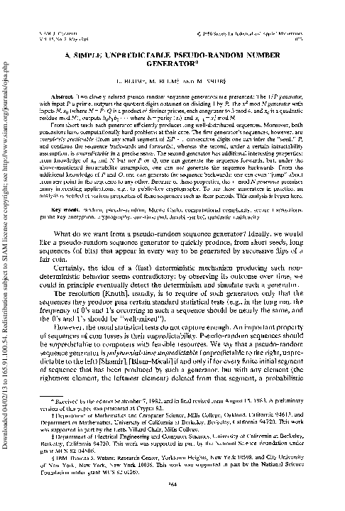 (PDF) A Simple Unpredictable Pseudo-Random Number Generator | Lenore Blum - Academia.edu