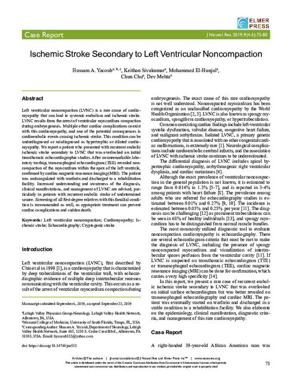 (PDF) Ischemic Stroke Secondary to Left Ventricular Noncompaction