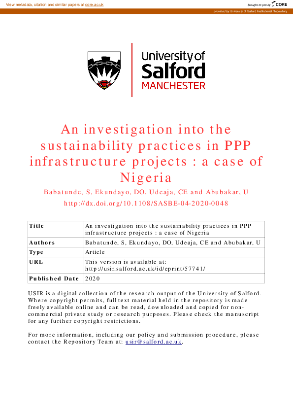 (PDF) An investigation into the sustainability practices in PPP ...