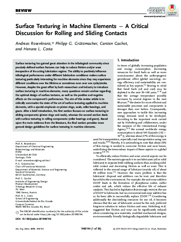 (PDF) Surface Texturing in Machine Elements − A Critical Discussion for Rolling and Sliding Contacts