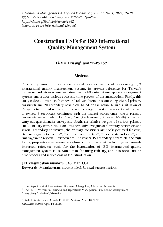 (PDF) Construction CSFs for ISO International Quality Management System