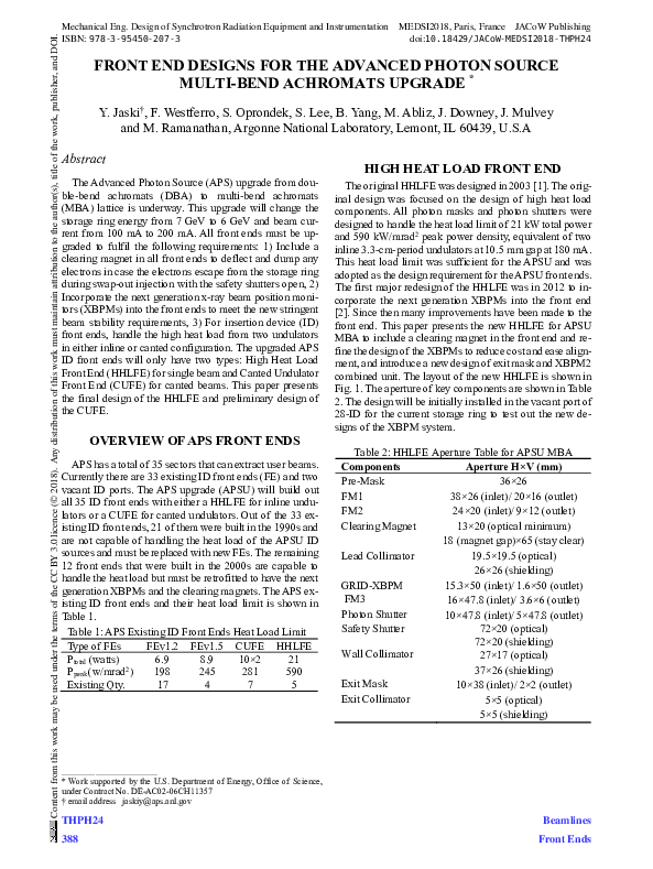 (PDF) Front End Designs for the Advanced Photon Source Multi-bend Achromats Upgrade