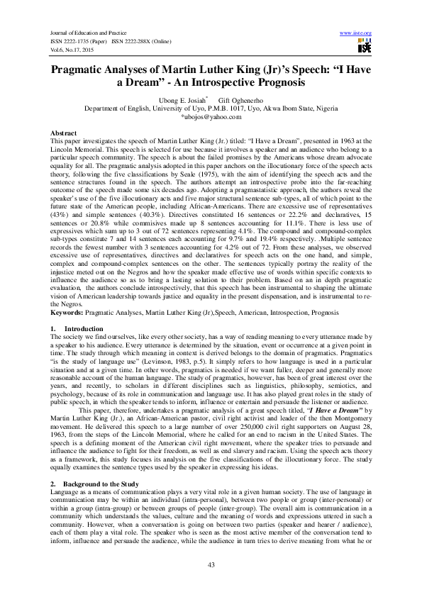 (PDF) Pragmatic Analyses of Martin Luther King (Jr)’s Speech: “I Have a ...