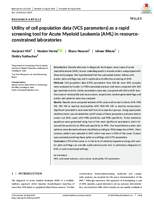 (PDF) Utility of cell population data (VCS parameters) as a rapid screening tool for Acute ...