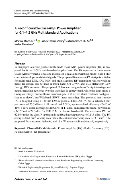 (PDF) A Reconfigurable Class-AB/F Power Amplifier for 0.1–4.2 GHz Multistandard Applications