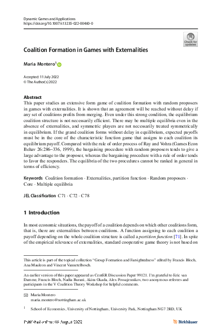 (PDF) Coalition Formation in Games with Externalities