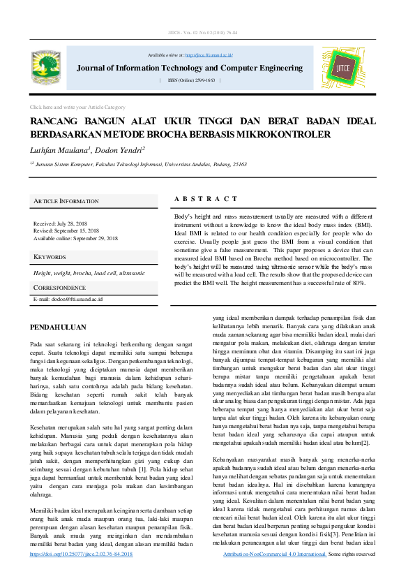 (PDF) Rancang Bangun Alat Ukur Tinggi dan Berat Badan Ideal Berdasarkan ...