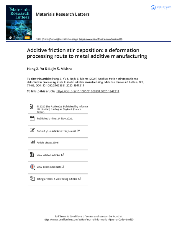 (PDF) Additive friction stir deposition: a deformation processing route ...