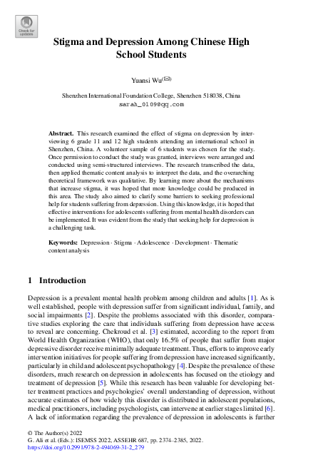 (PDF) Stigma and Depression Among Chinese High School Students