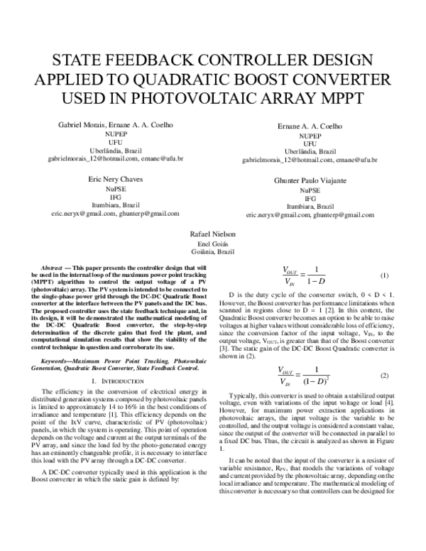 (PDF) State Feedback Controller Design Applied to Quadratic Boost Converter Used in Photovoltaic ...
