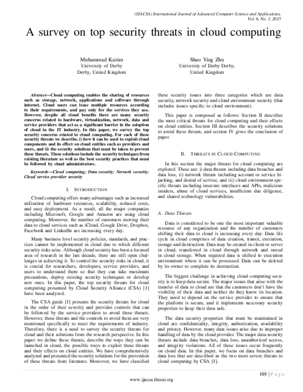 Pdf A Survey On Top Security Threats In Cloud Computing