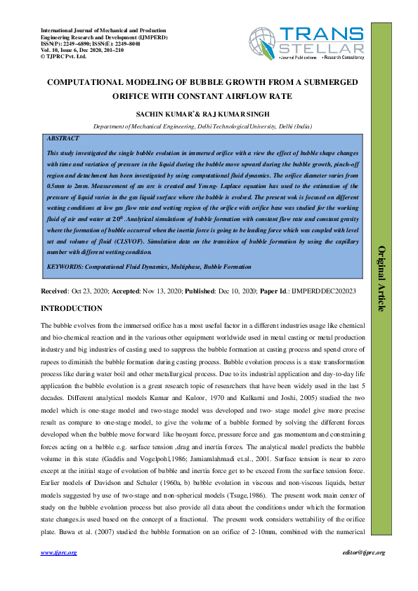 (PDF) Computational Modeling of Bubble Growth from a Submerged Orifice ...