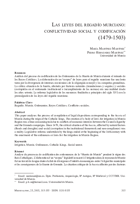 (PDF) Las leyes del regadío murciano: conflictividad social y codificación (1479-1503)