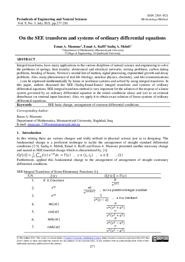 Pdf On The See Transform And Systems Of Ordinary Differential Equations