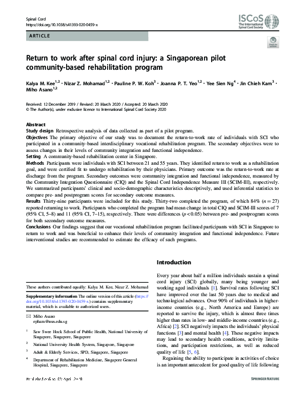 (PDF) Return to work after spinal cord injury: a Singaporean pilot ...