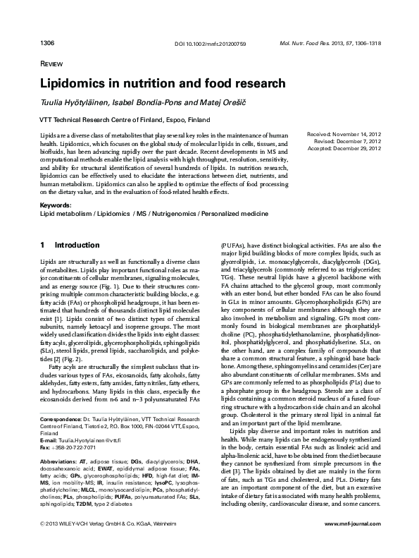(PDF) Lipidomics in nutrition and food research