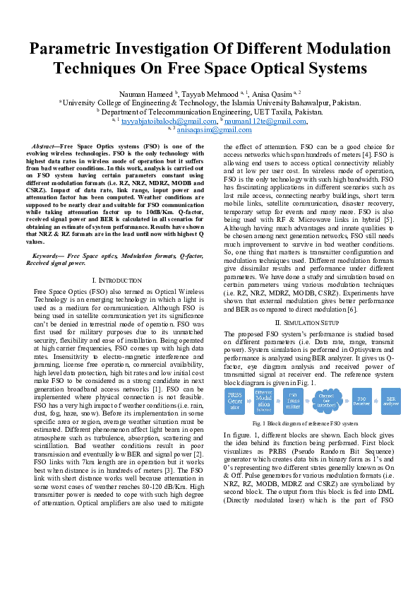 Pdf Parametric Investigation Of Different Modulation Techniques On Free Space Optical Systems