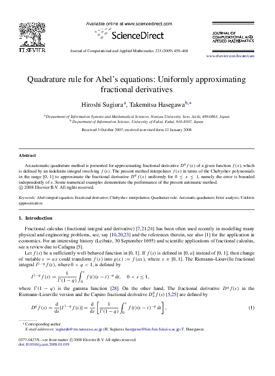 (PDF) Quadrature rule for Abel’s equations: Uniformly approximating fractional derivatives