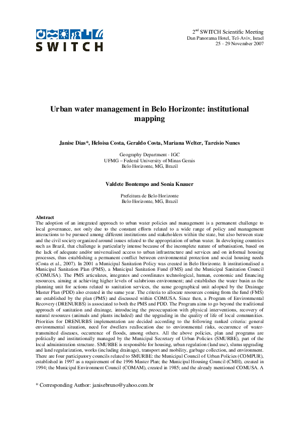 (PDF) Urban water management in Belo Horizonte: institutional mapping