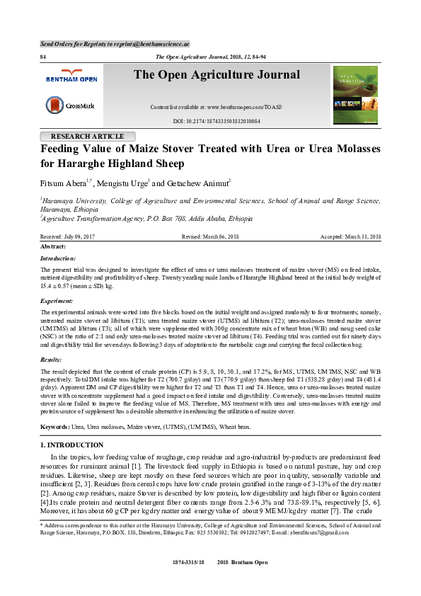 (PDF) Feeding Value of Maize Stover Treated with Urea or Urea Molasses ...