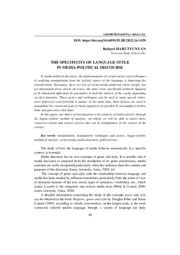 (PDF) The Specificity of Language Style in Media-Political Discourse