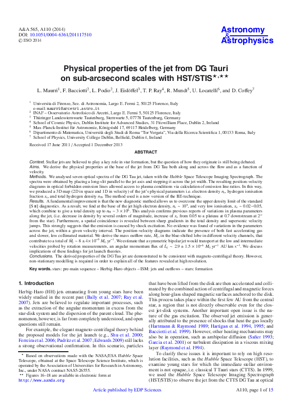 (PDF) Physical properties of the jet from DG Tauri on sub-arcsecond ...