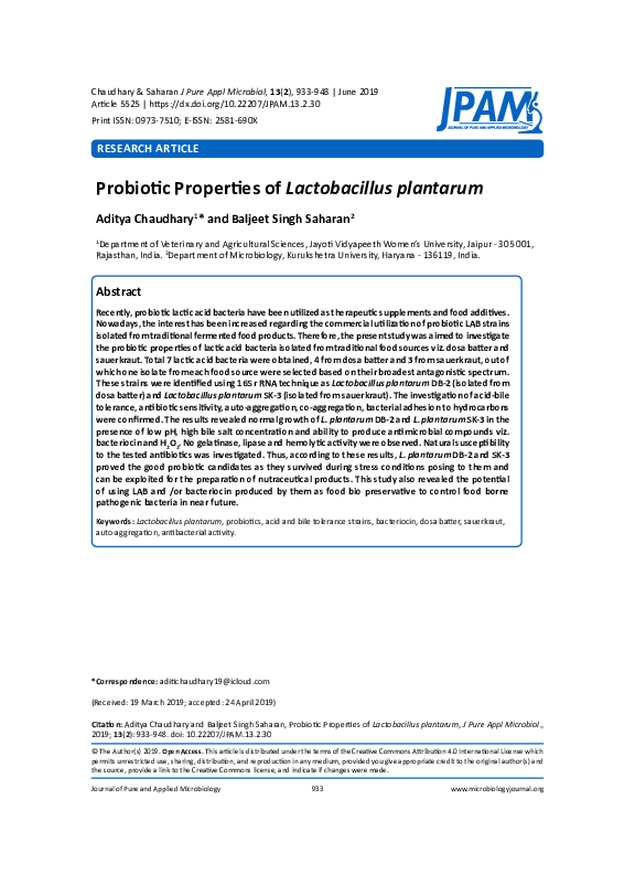 (PDF) Probiotic Properties of Lactobacillus plantarum