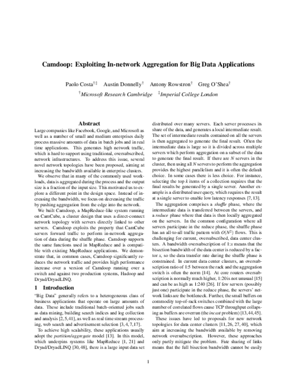 (PDF) Camdoop: Exploiting in-network aggregation for big data applications