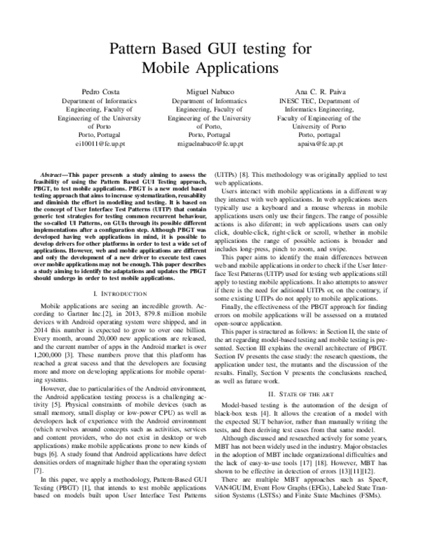 (PDF) Pattern Based GUI Testing for Mobile Applications