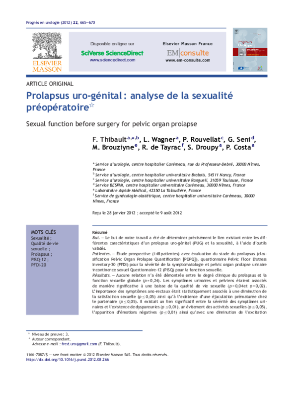 (PDF) Prolapsus uro-génital : analyse de la sexualité préopératoire