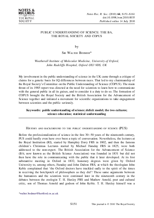 (PDF) Public Understanding of Science: The BA, the Royal Society and COPUS
