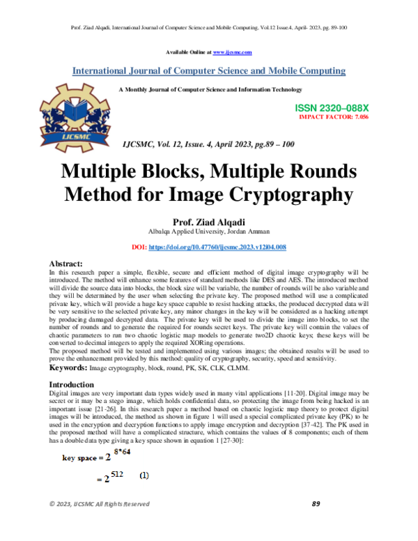(PDF) Multiple Blocks, Multiple Rounds Method for Image Cryptography