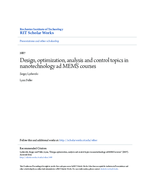(PDF) Design, optimization, analysis and control topics in nanotechnology ad MEMS courses