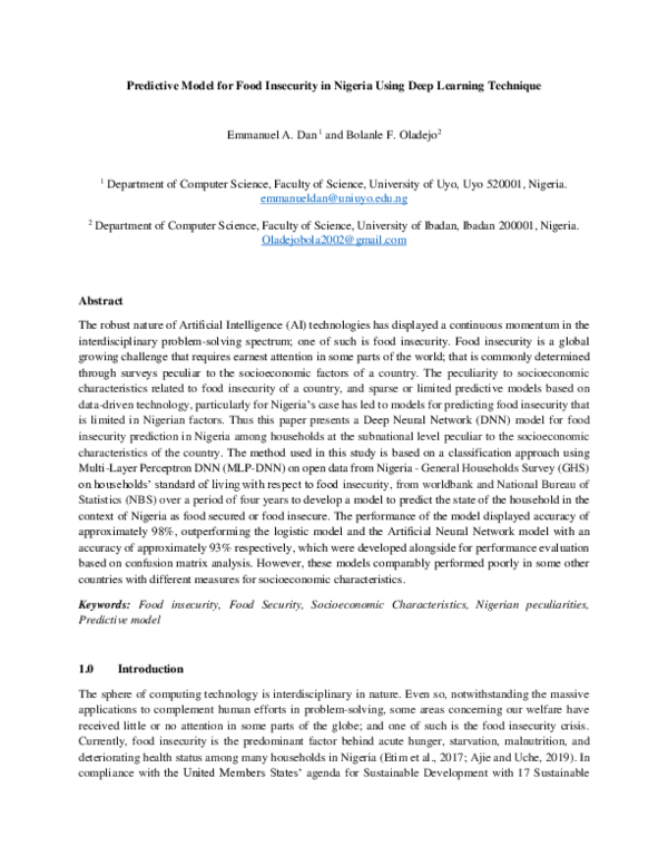 (PDF) A Model for Predicting Food Insecurity in Nigeria using Deep Learning Technique.