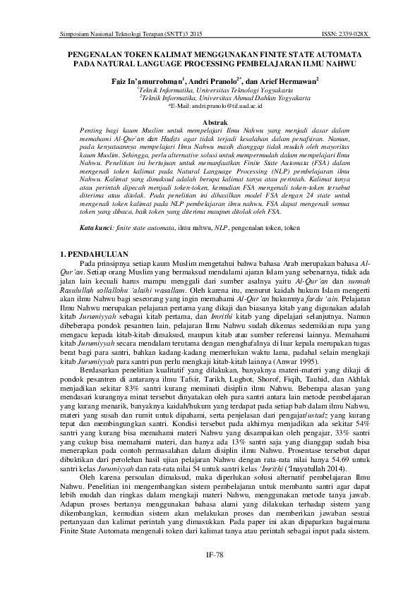 Pdf Pengenalan Token Kalimat Menggunakan Finite State Automata Pada