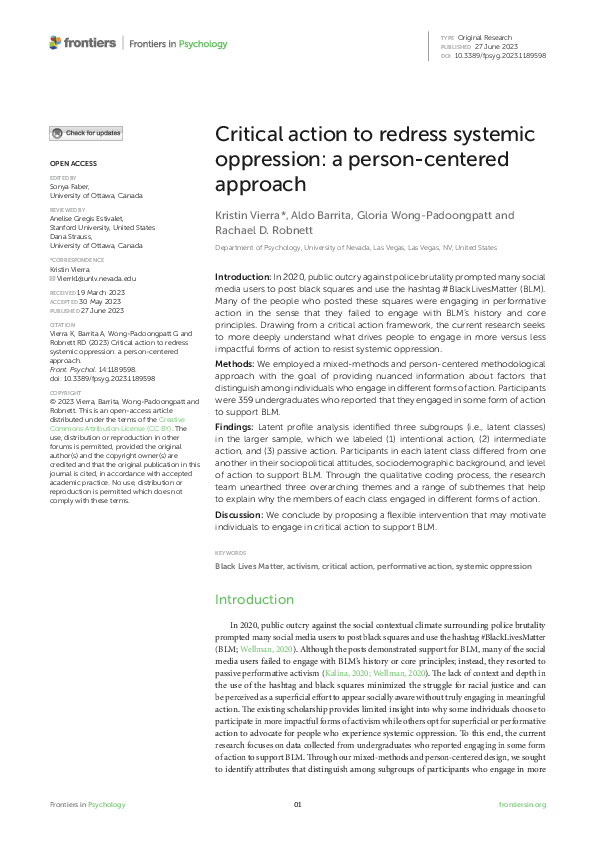 (PDF) Critical action to redress systemic oppression: a person-centered ...