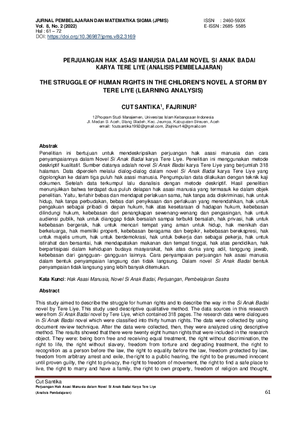 (PDF) Perjuangan Hak Asasi Manusia dalam Novel Si Anak Badai Karya Tere Liye (Analisis Pembelajaran)