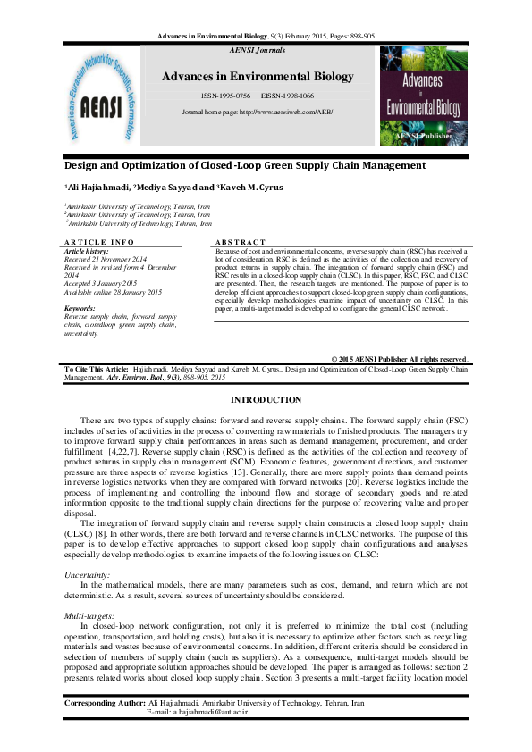 (PDF) Design and Optimization of Closed-Loop Green Supply Chain Management