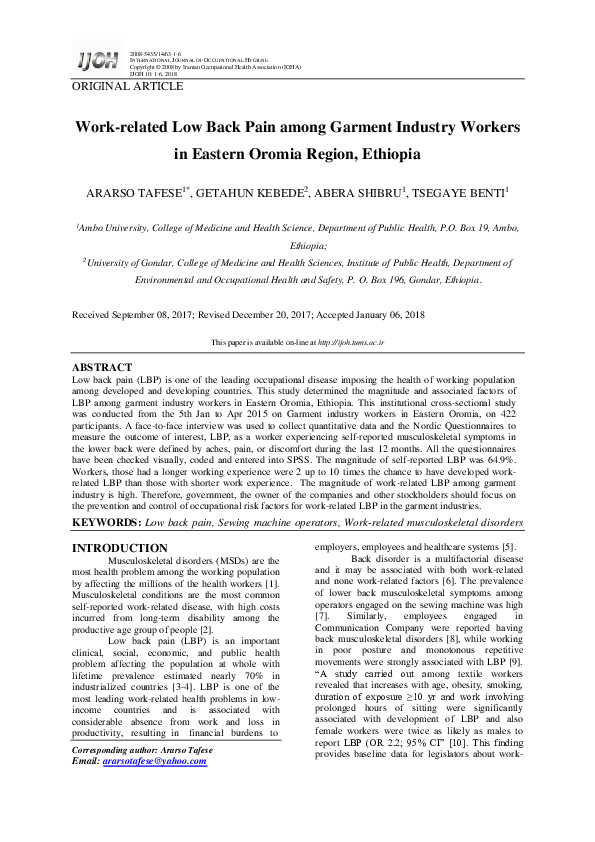 (PDF) Work-Related Low Back Pain among Sewing Machine Operators of ...